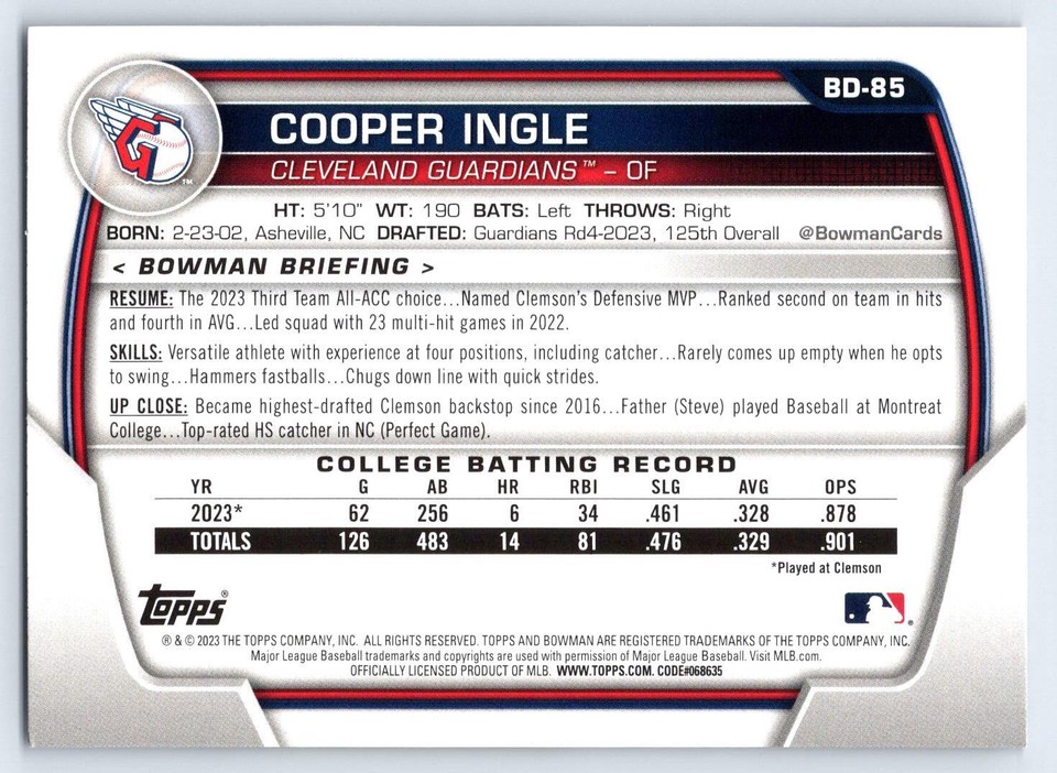 2023 1st Bowman Draft #BD-85 Cooper Ingle Cleveland Guardians BASEBALL ...
