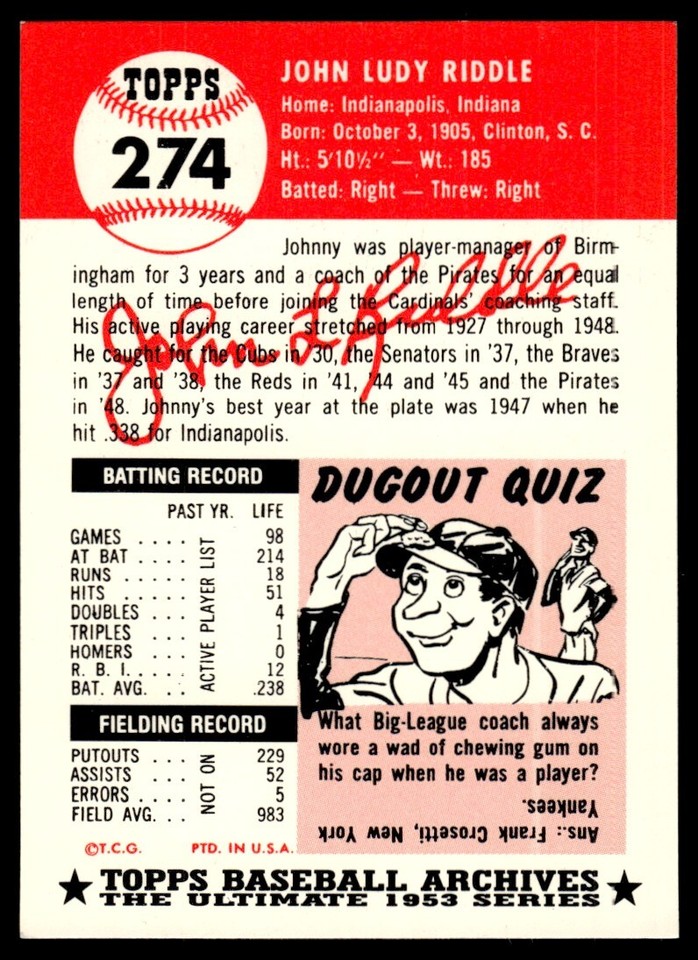 1991 Topps Archives 1953 Johnny Riddle St. Louis Cardinals #274 | eBay