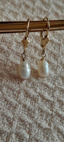 14k Solid Yellow Gold Freshwater Pearl Dangle Drop Leverback Earrings EUC | eBay