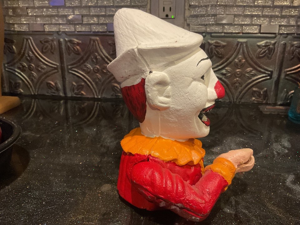Vintage Cast Iron Humpty Dumpty Jester Clown Mechanical Coin Bank ...