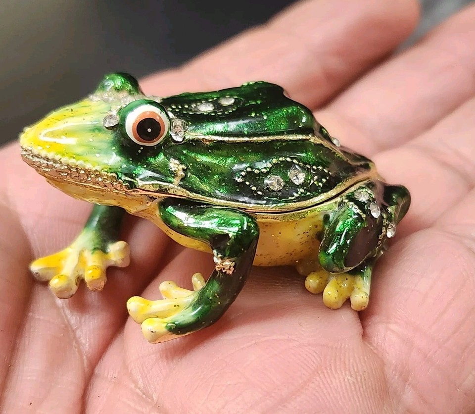 Green Bling Frog Hinged Metal Enameled Crystal Whimsical Trinket Box ...