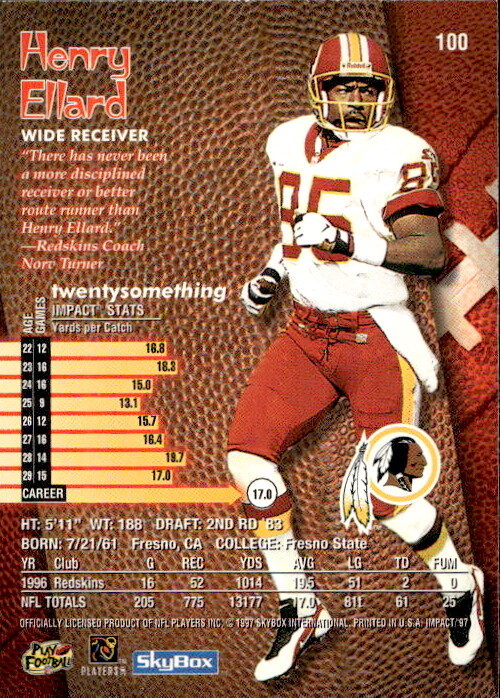 1997 SkyBox Impact Henry Ellard 100 Washington Redskins | eBay