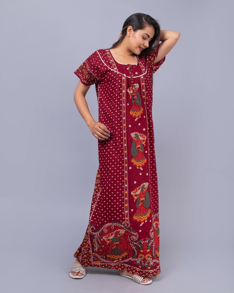 Indian Women's Cotton-Nighty Hand Block Print Sleepwear Plus Long Dress ...