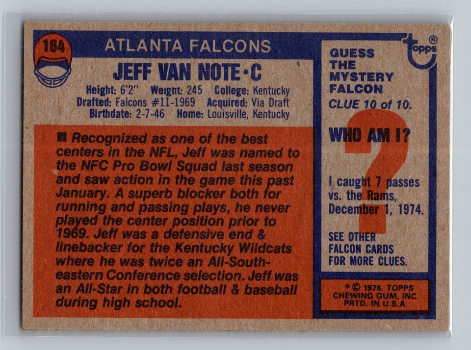 1976 Topps Jeff Van Note #164 - Atlanta Falcons - NEAR MINT to MINT | eBay