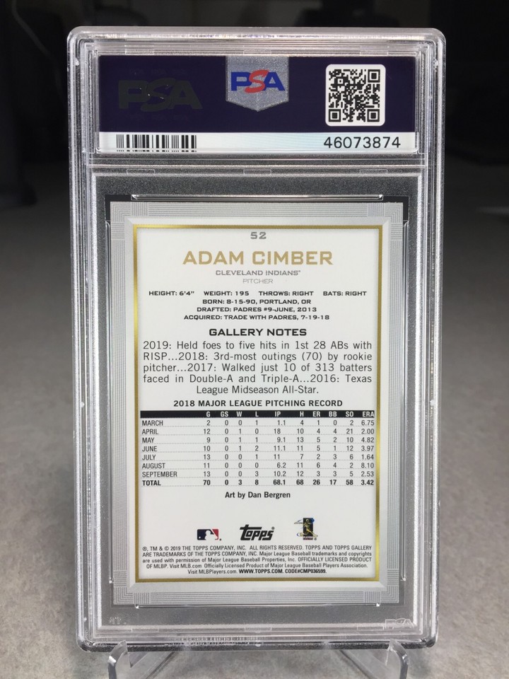 2019 Topps Gallery Artist Proof Adam Cimber #52 - PSA 9 - POP 1 (none ...