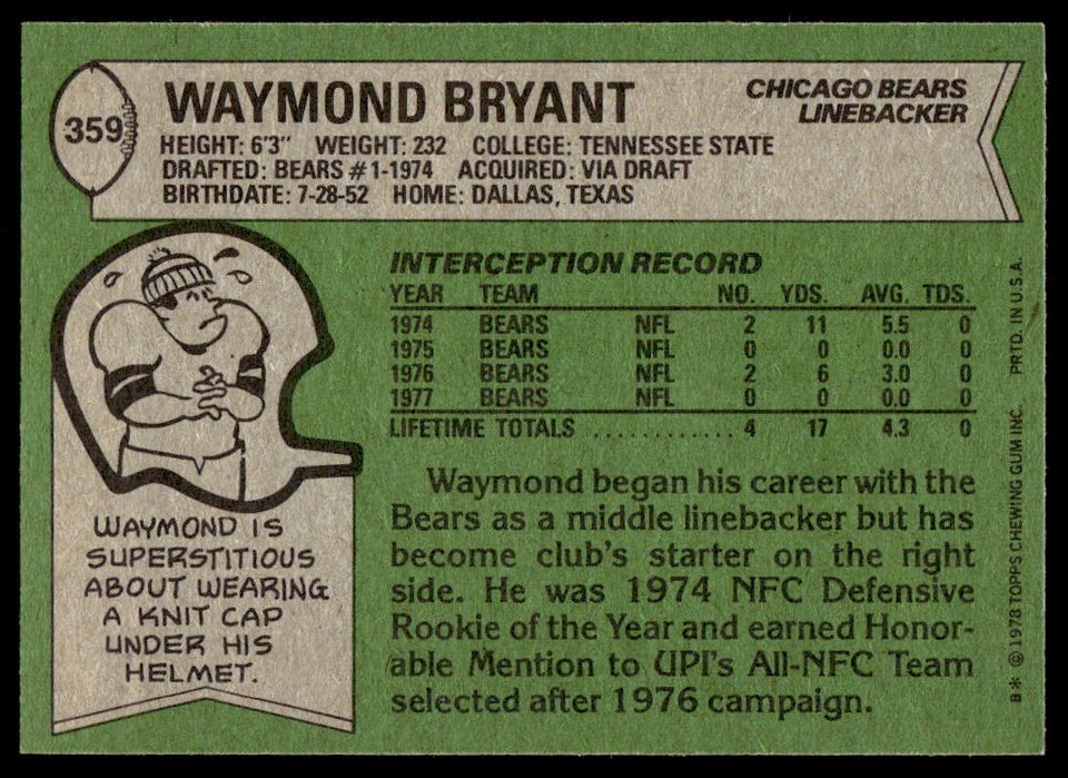 1978 Topps #359 Waymond Bryant Chicago Bears | eBay