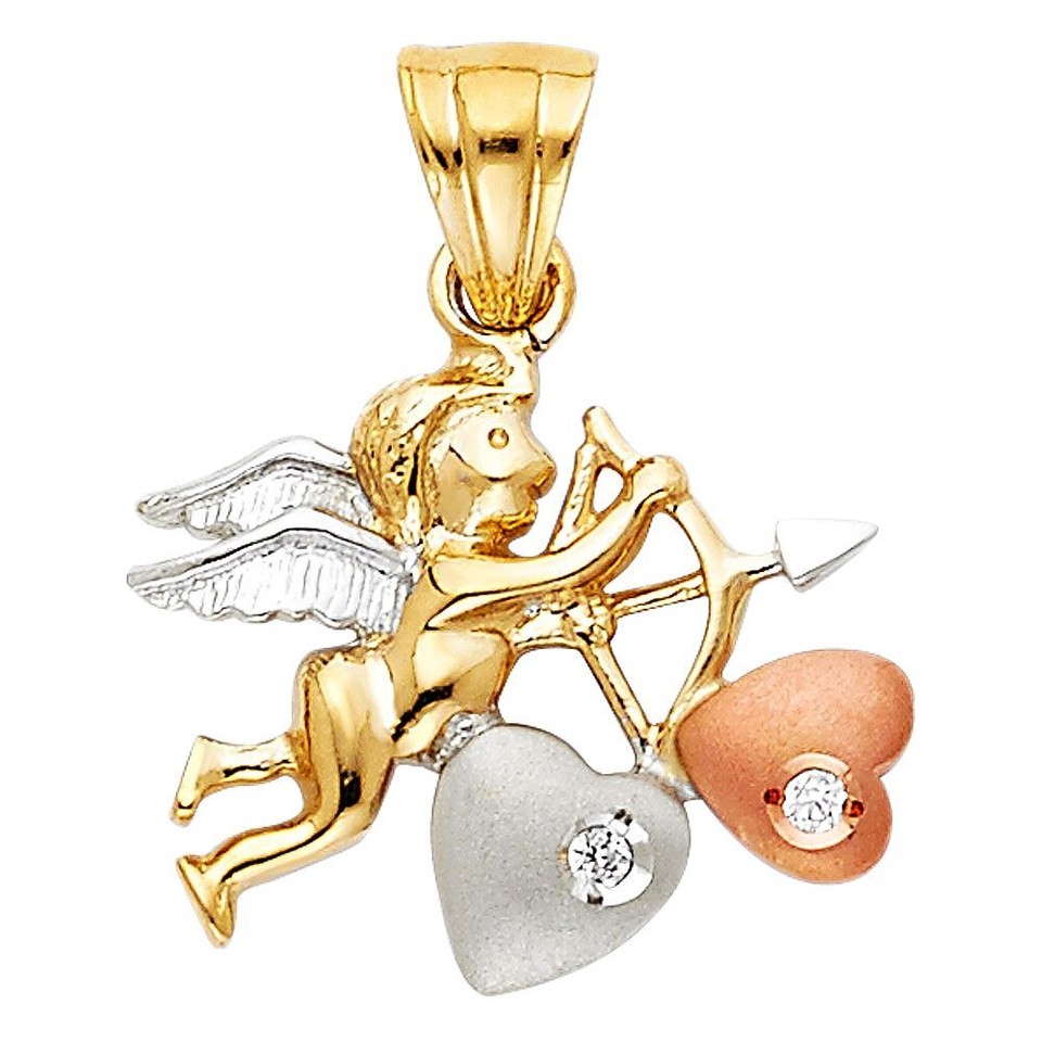 14K 3 Tone Gold Cubic Zirconia CZ Cupid Charm Pendant & 0.8mm Box Chain ...