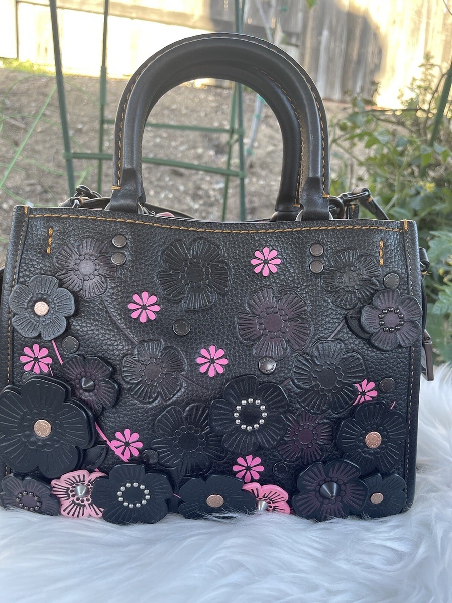 COACH Rogue 25 with Tea Rose Applique Black Pink Pebble COACH Rogue 25 with Tea Rose Applique Black Pink Pebble