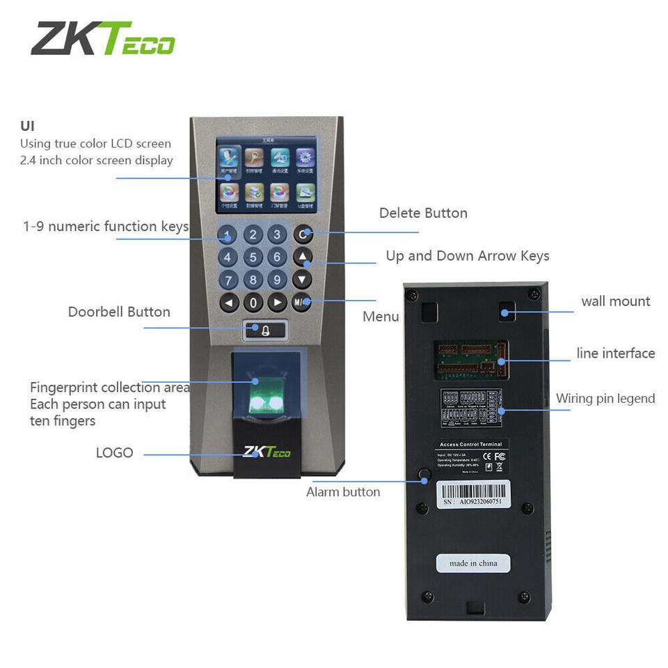 ZKTeco F18 Employee Time Clock Machine TCP/IP Fingerprint Time ...