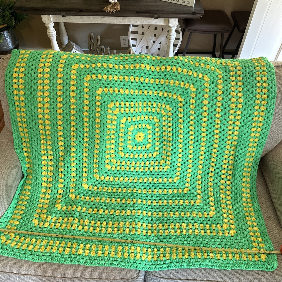 Vintage Bright Green And Yellow Granny Square Afghan Throw 48x48 Granny ...