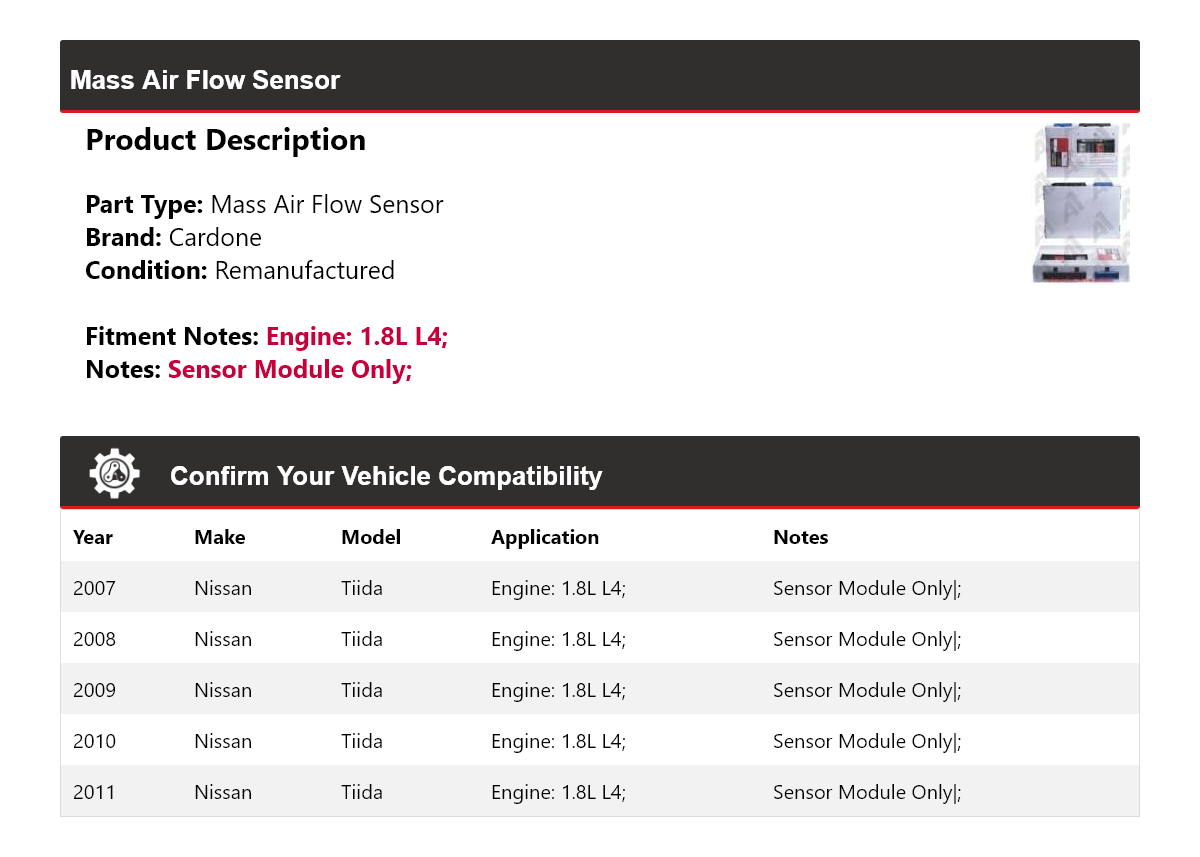 For 2007-2011 Nissan Tiida 1.8L L4 Mass Air Flow Sensor Cardone 2008 ...