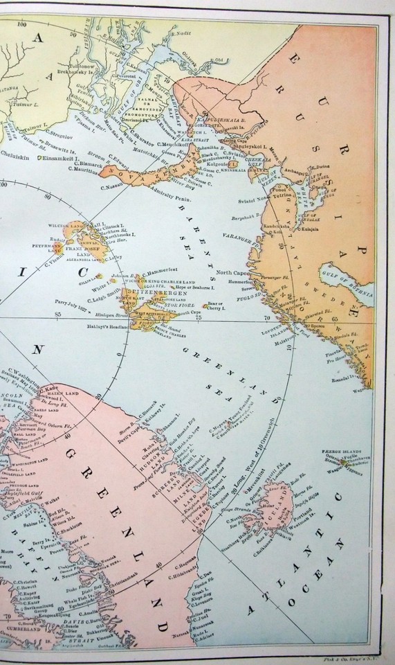 North Polar Region - Original 1895 Map by Fisk & Co. North Pole Arctic ...