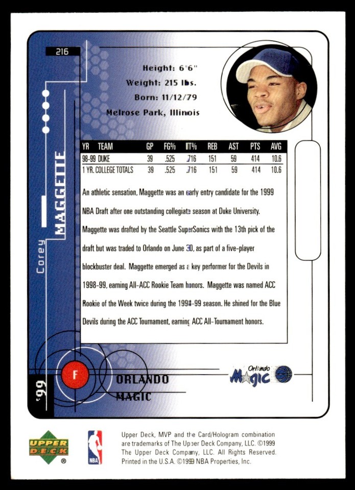1999-00 Upper Deck MVP Basketball Corey Maggette Orlando Magic #216 NM ...