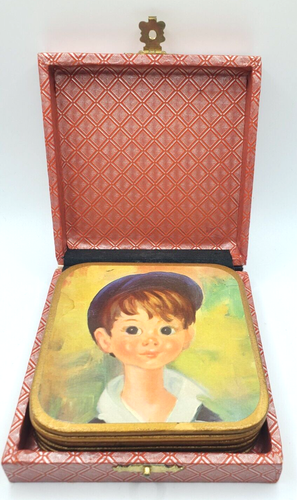 VINTAGE COMPLETE SET IN CASE BIG EYED CHILDREN WIN El WARE TRIVETS ...