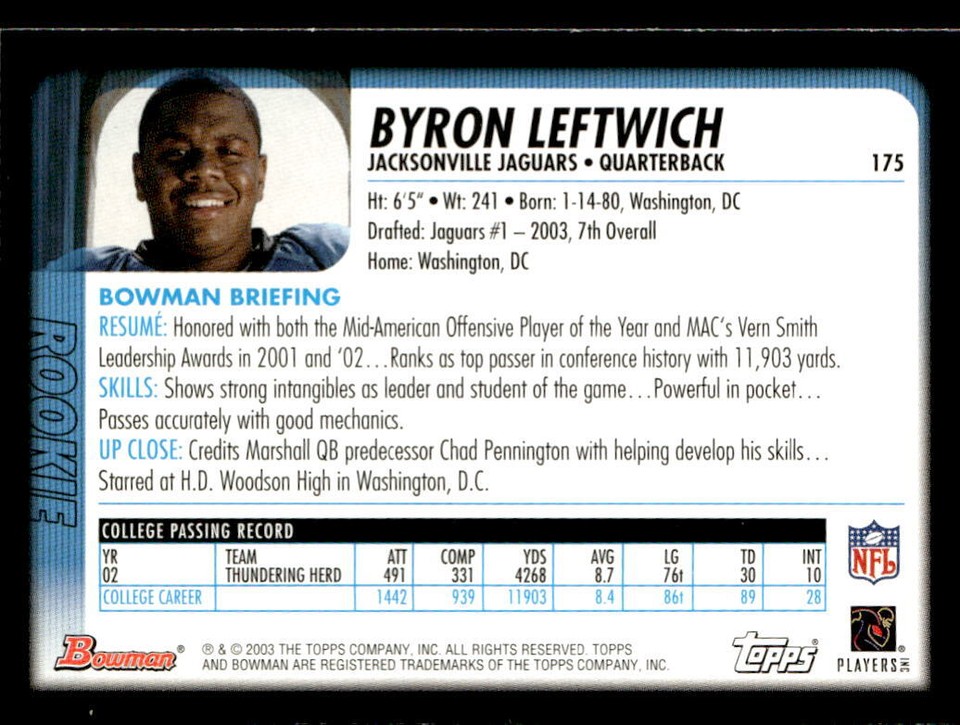 Byron Leftwich 2003 Bowman Rookie Card #175 Jacksonville Jaguars | eBay