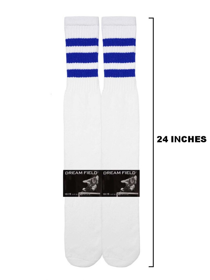 4 Pairs White Tube Socks with Blue Stripe Cotton 24" Inches Long | eBay