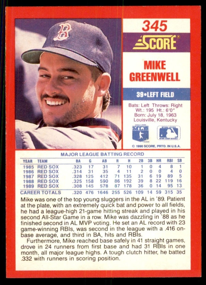 1990 Score. Mike Greenwell Baseball Cards #345 | eBay