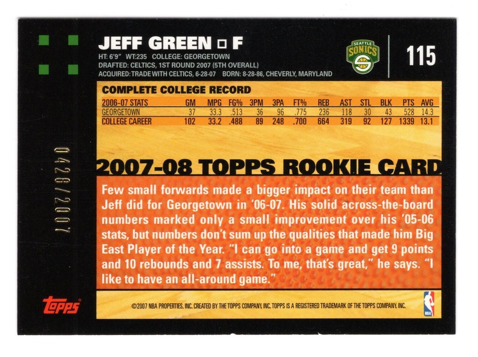 2007-08 TOPPS GOLD JEFF GREEN ROOKIE CARD #115 **NM-MT** SEATTLE SONICS ...