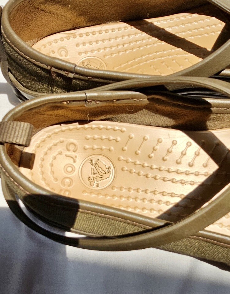 Crocs Celeste Mary Jane Crossed Straps Shoes Slip On Brown Canvas Women ...