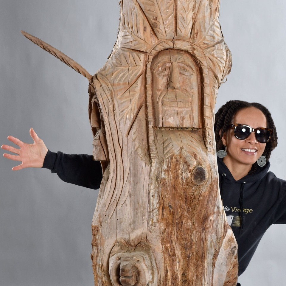 105″ Tall Hand Carved Figural Wood Spirit Animals Tree Trunk Totem ...