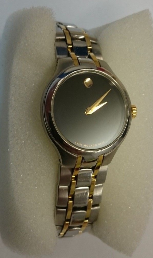 USED Ladies Movado Folio 18K Gold plate & SS watch - Black Dial ...