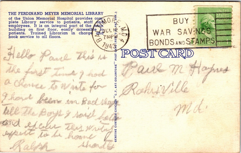 Postcard MD Baltimore Ferdinand Meyer Memorial Library Union Memorial ...