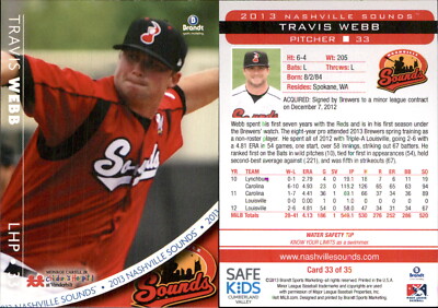 Travis Webb 2013 Brandt Nashville Sounds #33 RC Card FREE SHIP ...