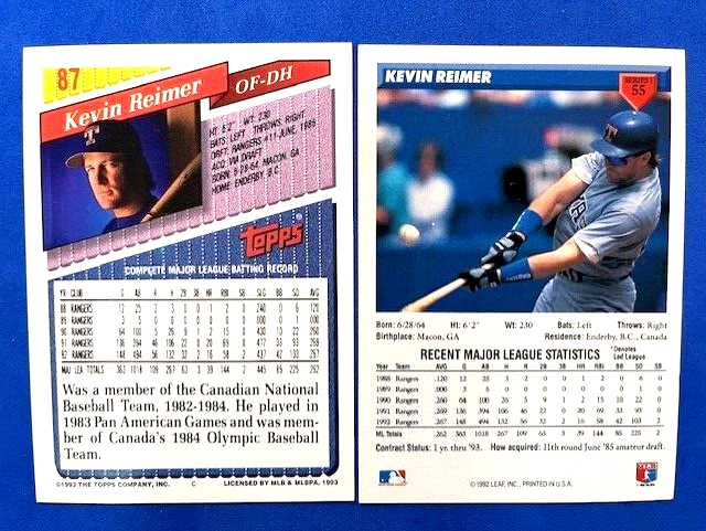 MLB - Kevin Reimer 1993 Topps & 1993 Donruss Baseball - Rangers | eBay