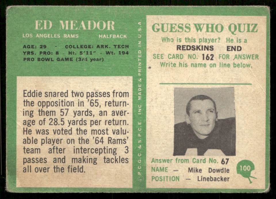 1966 Philadelphia Ed Meador Los Angeles Rams #100 *Low Grade* | eBay