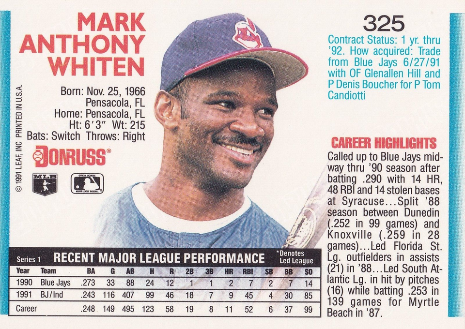 1992 Donruss #325 Mark Whiten MLB Cleveland Indians + (Yes 3 Free ...