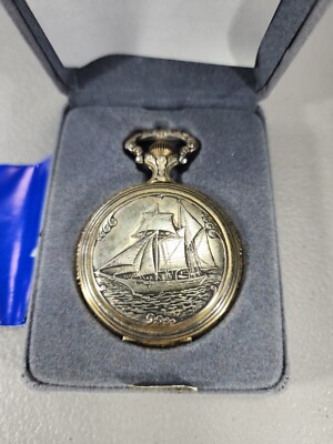 Vintage Quartz Majesti Pocket Watch Sailing Ship & Floral Vintage Quartz Majesti Pocket Watch Sailing Ship & Floral
