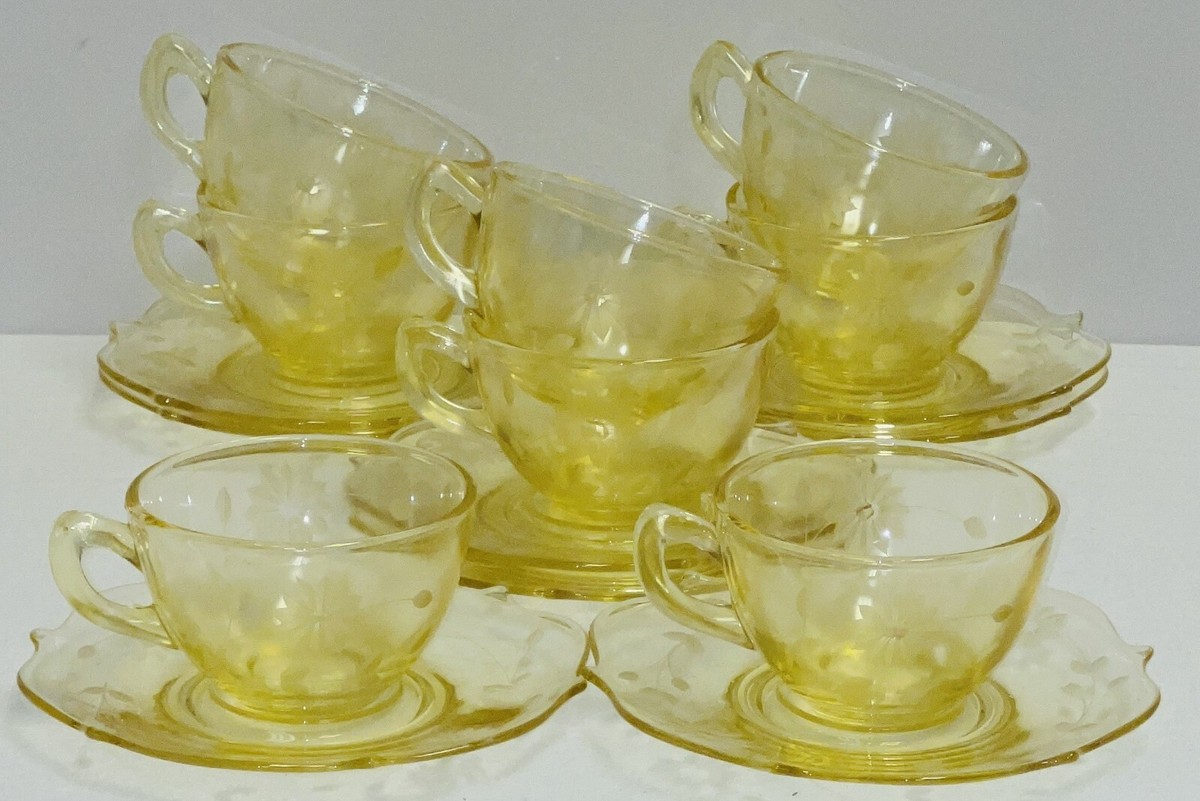 Yellow Glass Cups And Saucers