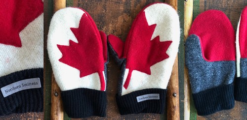 NORTHERN SMITTENS FLEECE LINED WOOL MITTENS GLOVES RED MAPLE LEAF IVORY ...
