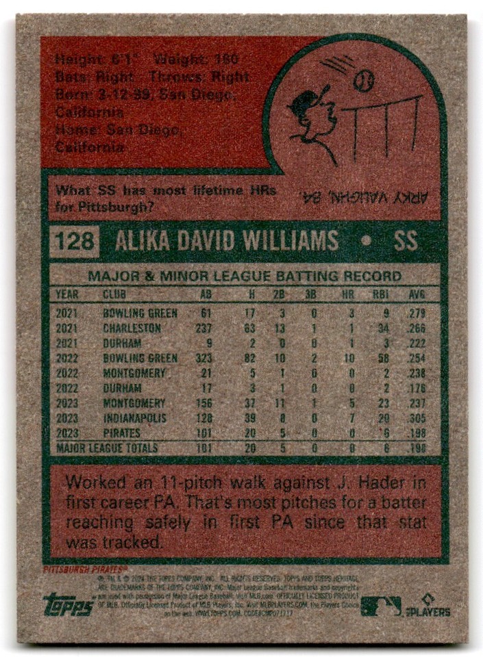2024 Topps Heritage Alika Williams RC Pittsburgh Pirates #128 | eBay