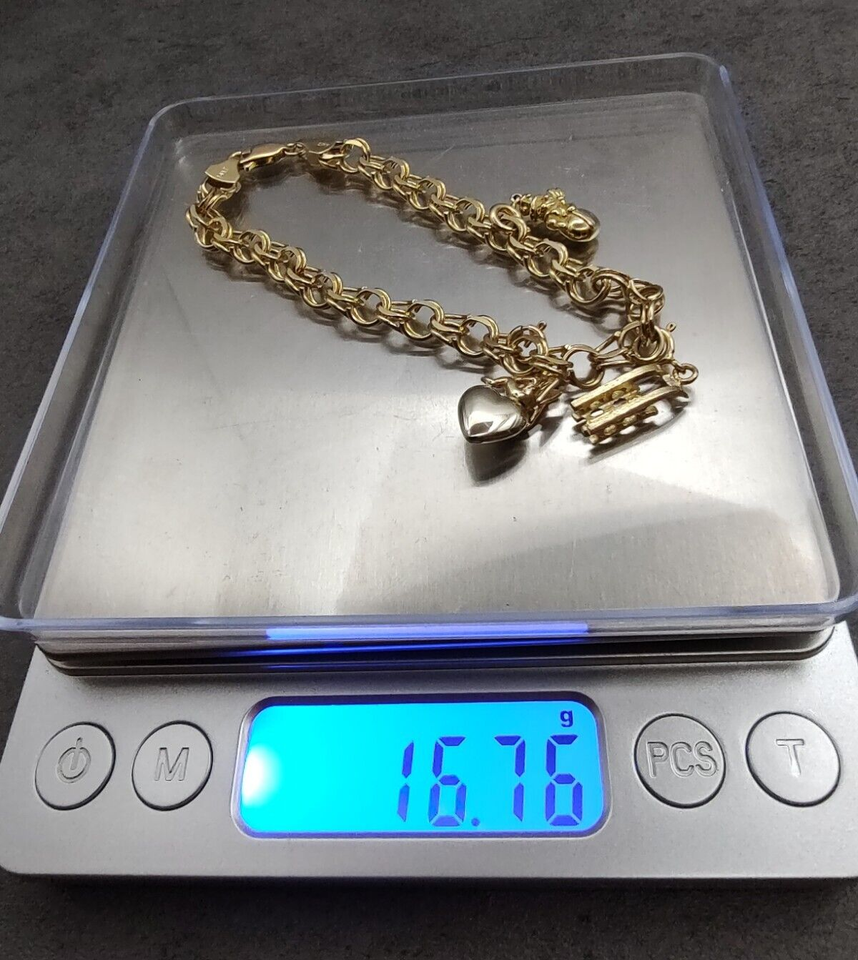 Estate CPT Peru 14K Yellow Gold Double Link Charm Bracelet & 3 Charms 8 ...