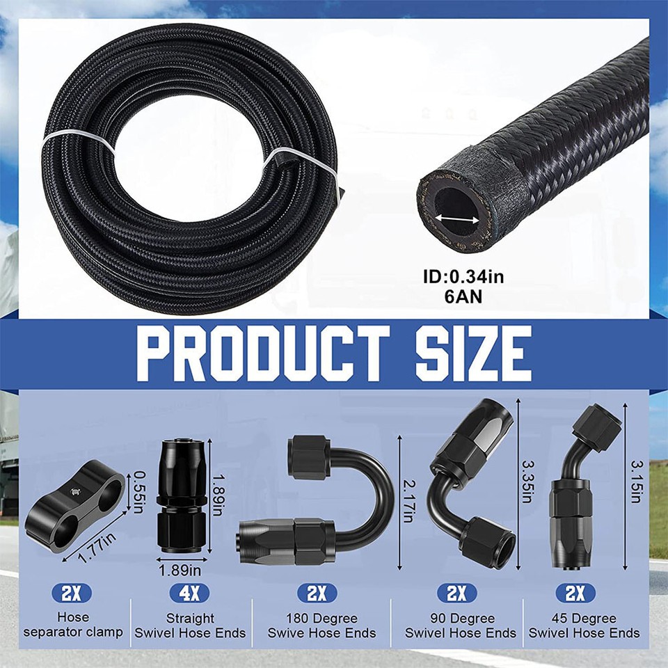 6AN 8AN 10AN 10FT 20FT CPE Braided Nylon Fuel Line Kit Hose end ...