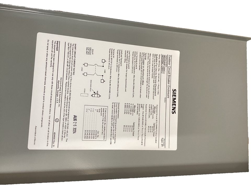 Siemens Circuit Breaker Enclosure, 200 A, 3R, W0202MB1200CU, Main ...
