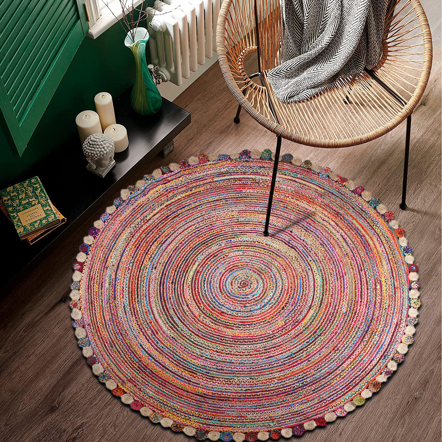 Hand Braided Cotton Jute Area Rug Living Room Beige Kilim Scalloped ...