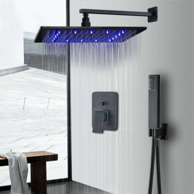 16"Matte Black LED Shower Combo Set Rainfall Luxury Shower System W ...
