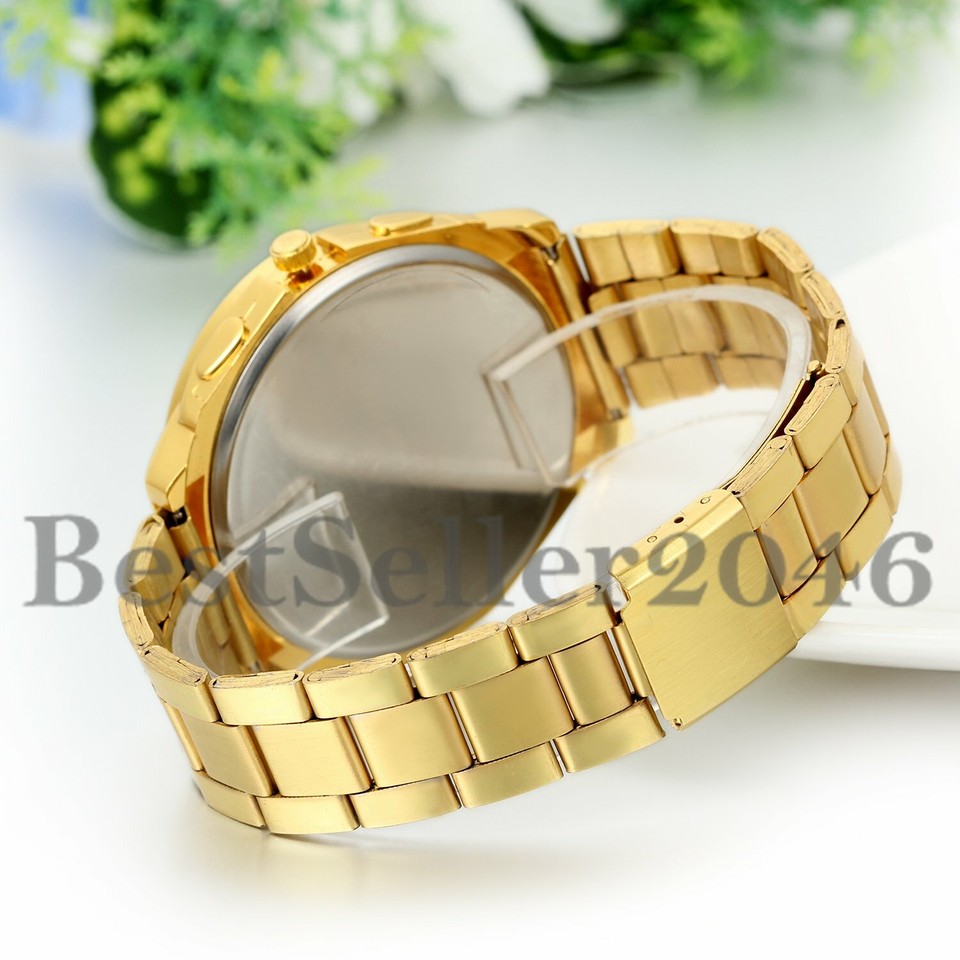 NEW Luxury Men Gold Tone Band Stainless Steel Analog Quartz Fashion ...