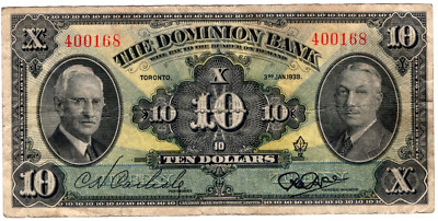 1938 The Dominion Bank $10 Dollars Note - 400168 - Fine With Pin Holes ...