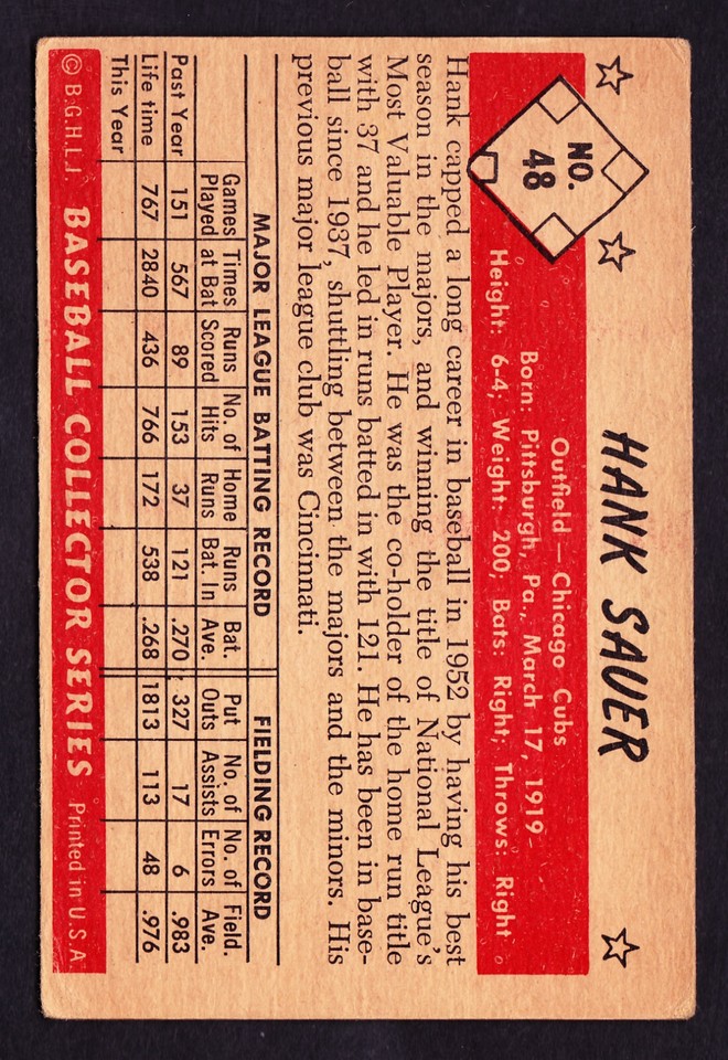 1953 BOWMAN COLOR #48 HANK SAUER CUBS | eBay
