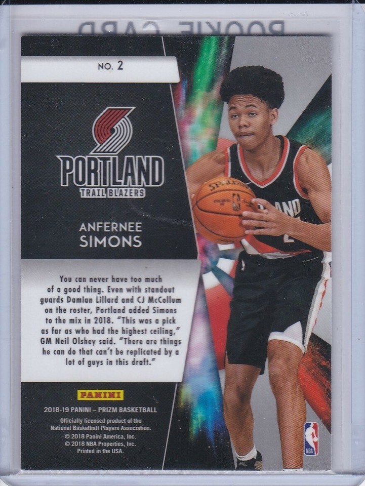 ANFERNEE SIMONS ROOKIE CARD 2018 Freshman Phenoms PRIZM RC Portland ...