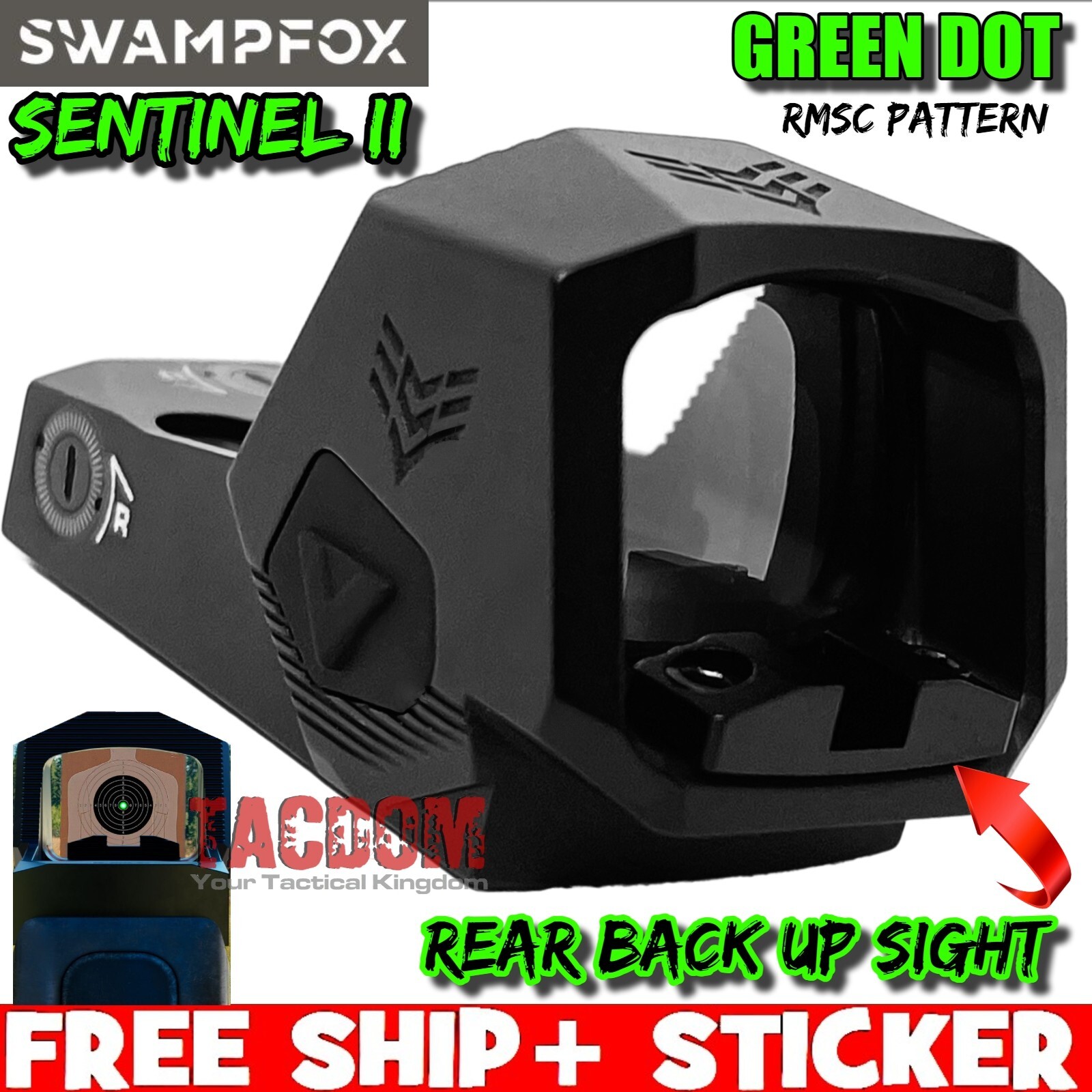 SwampFox SENTINEL II 2 GREEN Dot RMSc Pattern Optic BACKUP REAR SIGHT ...