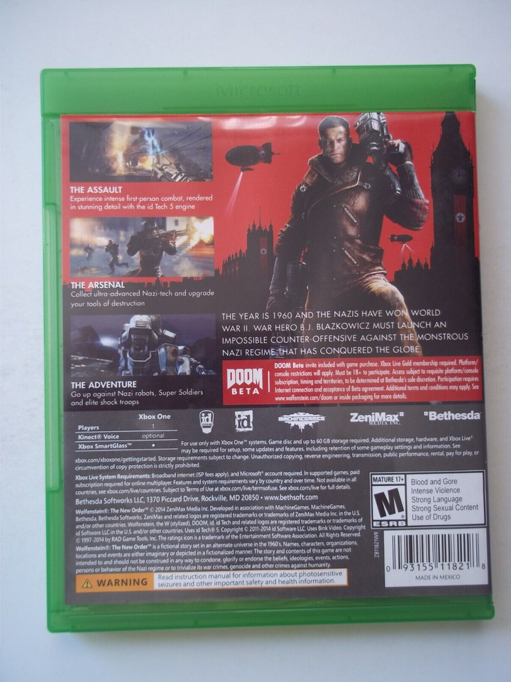 WOLFENSTEIN The New Order - XBOX ONE Disc, Case Rated M - Bethesda | eBay