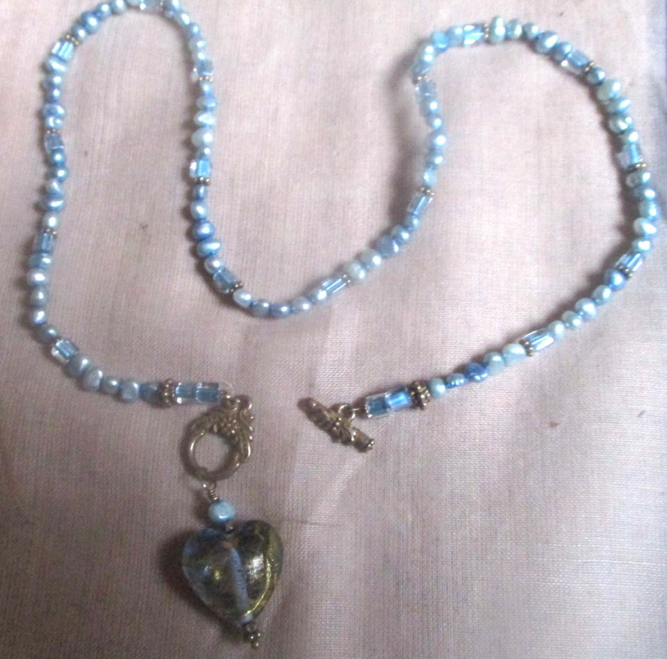Powder Blue Freshwater Pearl Bead Necklace with Glass Heart - 18 inch ...