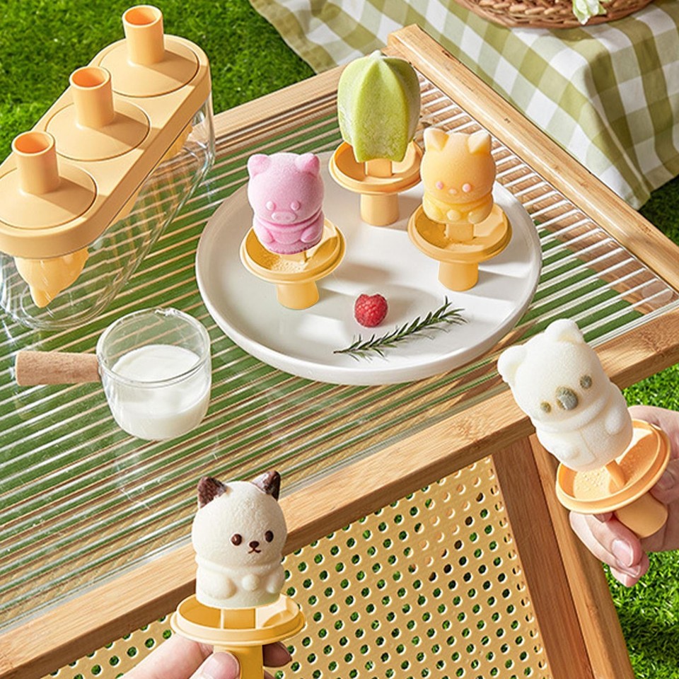 Ice Pop Mold 3-cavity Silicone Leak-proof Cute Animal Shape Ice Pop ...