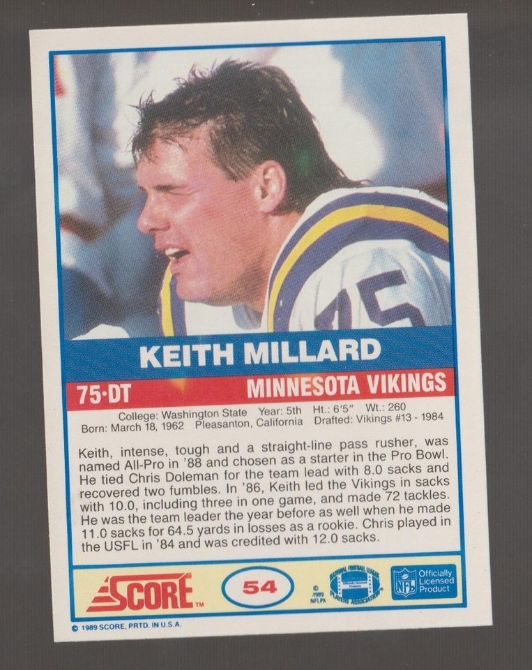 1989 Score Keith Millard Minnesota Vikings #54 Near Mint or Better | eBay