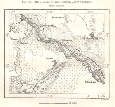 High Banks of the Dnieper, above Cherkasy. Ukraine. Sketch map 1885 old ...