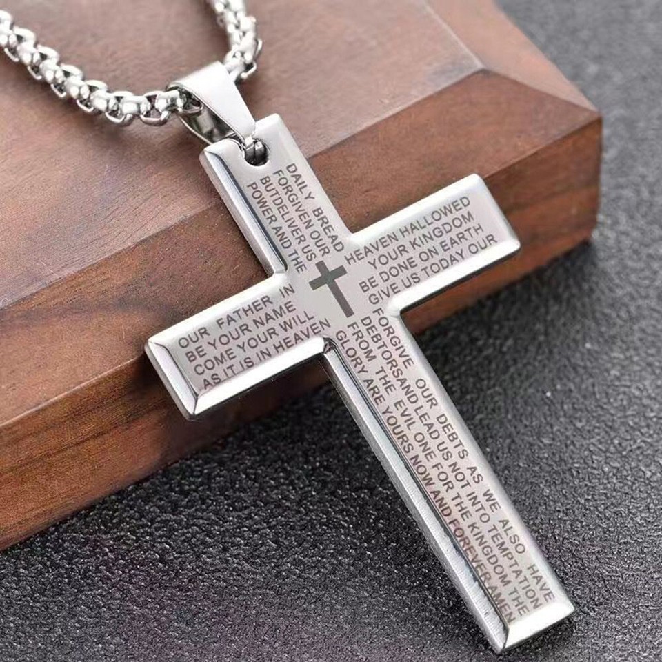 Men Boys Stainless Steel Cross Pendant Necklace Lord's Prayer Bible ...
